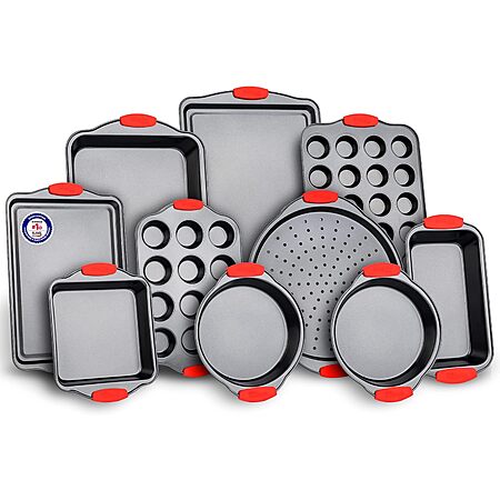 10-Piece Kitchen Oven Non-Stick Bakeware Set w/ Red Silicone Handles ...