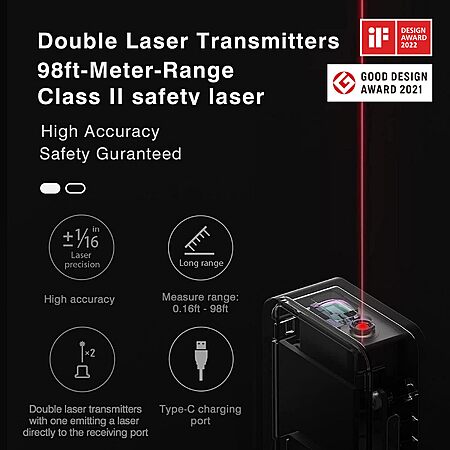 HOTO Laser Measuring Tool Pocket-Size 98Ft Laser Tape Measure ±2mm ...
