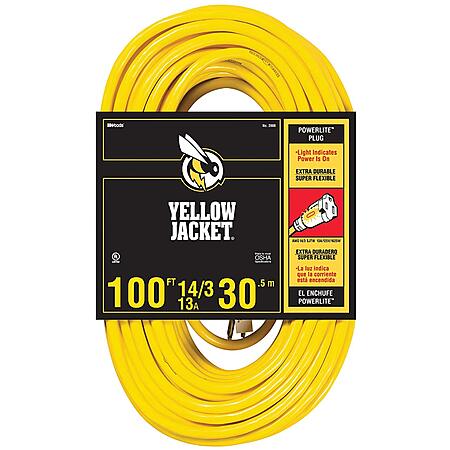 Yellow Jacket 100 Feet Extension Cord, 14/3 SJTW, 13 Amp, UL Listed ...