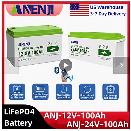 ANENJI 24V 12V 100Ah LiFePO4 Solar Battery Lithium Battery Pack Built ...