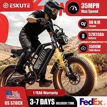 ESKUTE V300 Electric Dirt Bike 35MPH 52V 20.8Ah 20"x4.0" Fat Tire 1500W ...