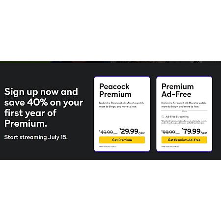 Peacock Premium Streaming Service Annual Plans $29.99 or $79.99 (offer ...