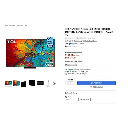 TCL 55" 6 Series Mini-LED QLED 4K UHD 120Hz Roku TV 55R655 for $265.49 AC 10BSTV