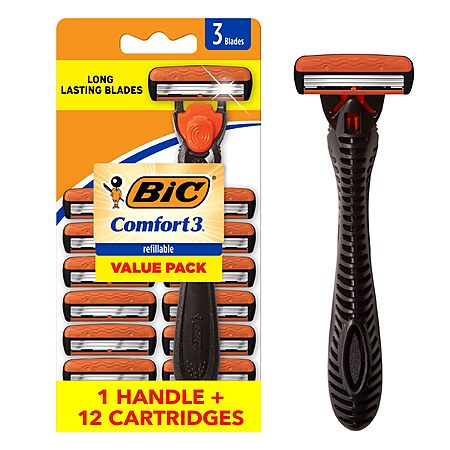BIC Comfort 3 Refillable Three-Blade Razor for Men, Sensitive Skin ...