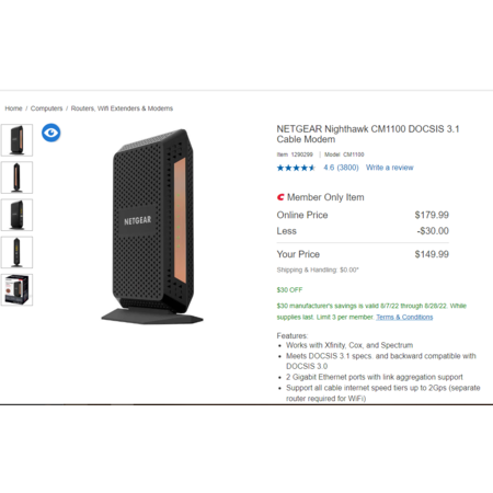 Costco NETGEAR Nighthawk CM1100 DOCSIS 3.1 Cable Modem - $149.99 was ...