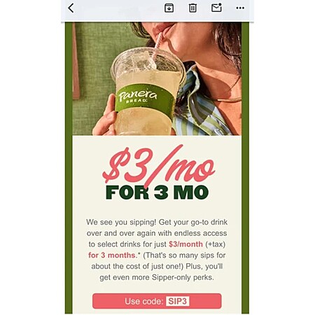 Panera Bread Sip Club - $3/mo for 3 months - 2026-02-08
