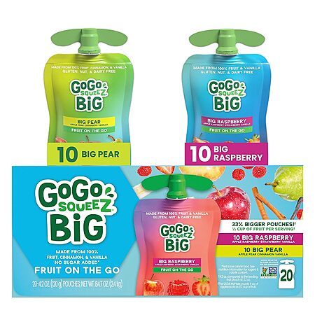 20-Pack 4.2oz. GoGo Big Squeez Fruit On the Go Pouches (Pear ...