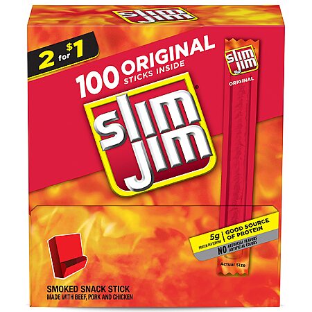 100-Count 0.44oz Slim Jim Snack Sized Smoked Meat Sticks (Original ...