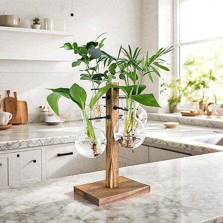 Eroom Plant Propagation Station with Wood Stand and 4 Glass Vases ...