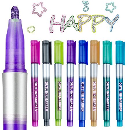 8-Count JFSJDF Double Line Metallic Shimmer Color Outline Marker Art ...