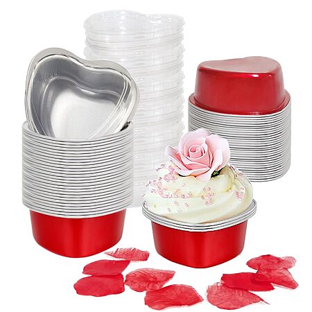 50-Pack Red Heart Shaped Disposable Mini Foil Cake Pans w/ Lids $11.48 ...