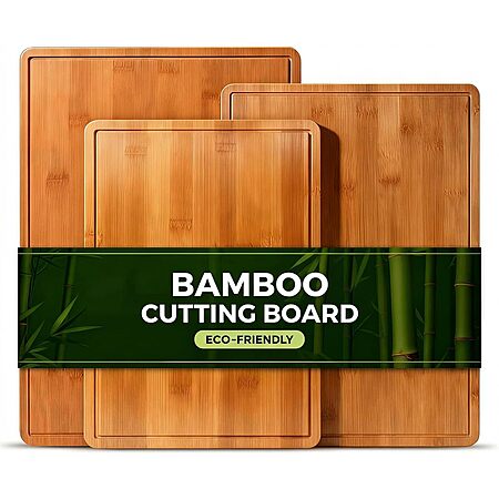 3-Piece Carbonized Bamboo Wood Cutting Boards w/ Juice Grooves and ...