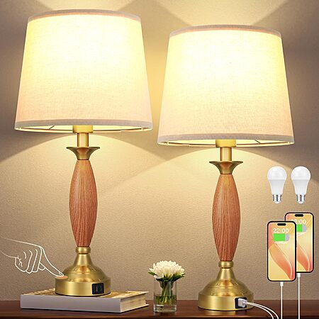 2-Pack 22.5" Seealle Dimmable Metal Wood Touch Table Lamps w/ USB C+A ...