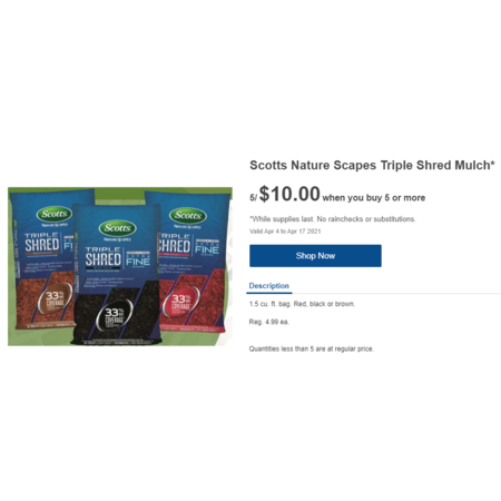 Scotts Nature Scapes Triple Shred Mulch 5 for $10.00 @ Meijer B&M $2 ...