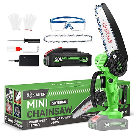 Prime Members: 6" Saker Mini Chainsaw w/ 1.5ah Battery (Green) - 2025-10-02