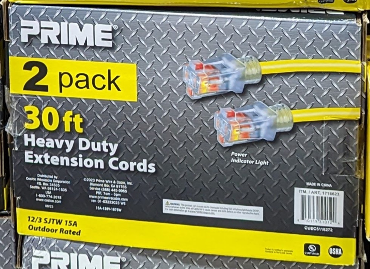 Select Costco Stores: 2-Pack Prime Wire 30' 12/3 Gauge SJTW Extension ...